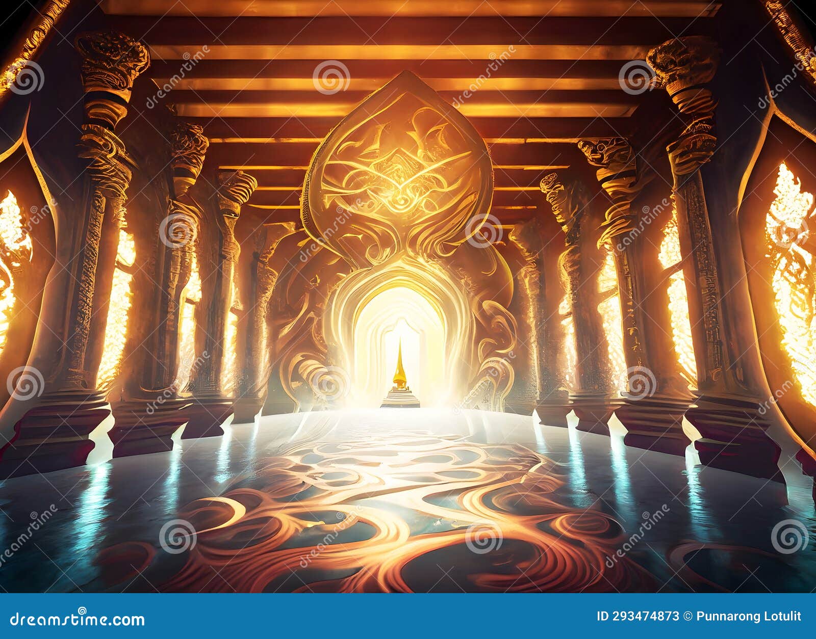 Minimal Inside Empty Thai Temple, Light Swirling Lines on Digital Art ...