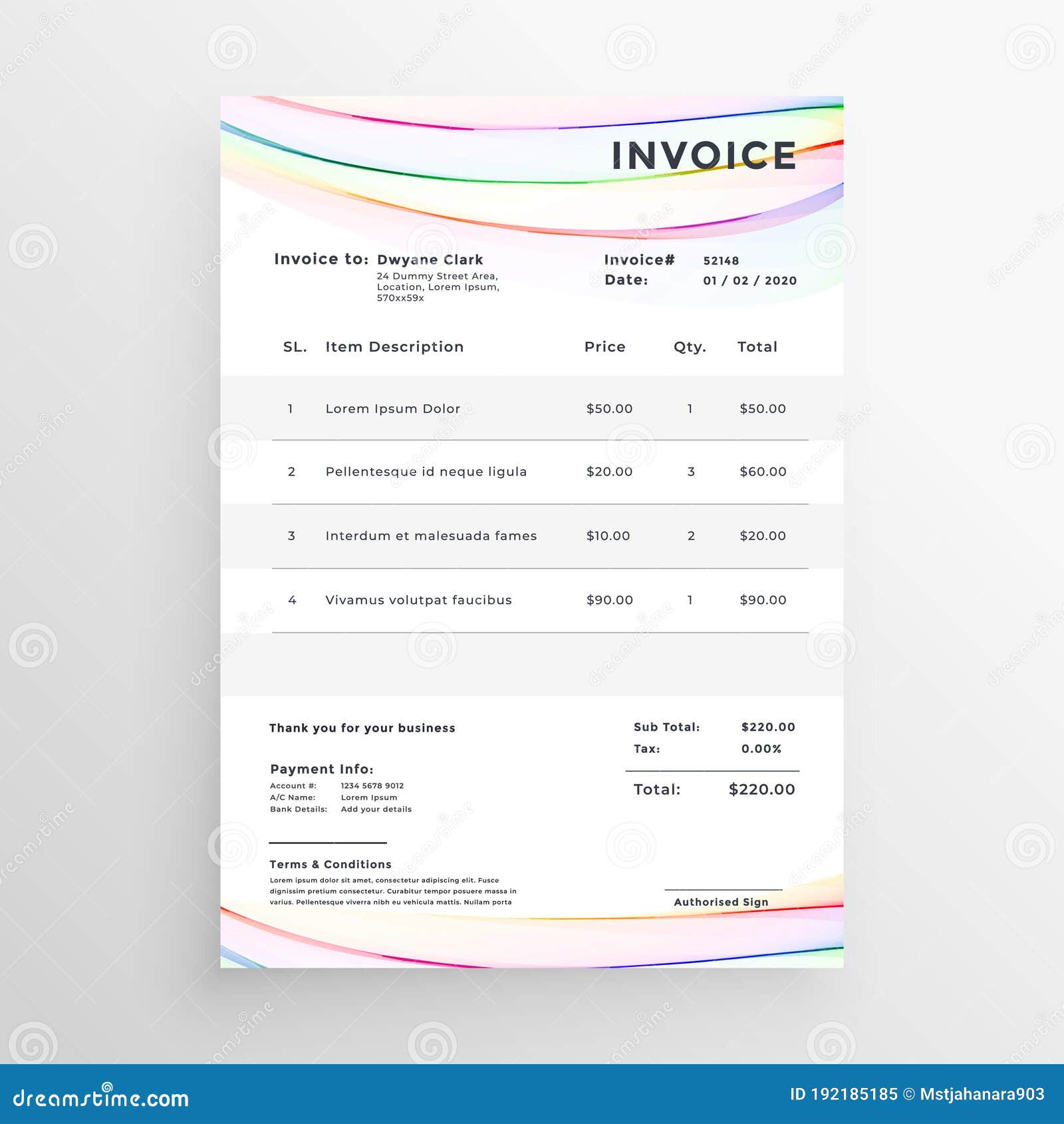 Minimal Invoice Template with Colorful Wave Lines Stock Vector ...
