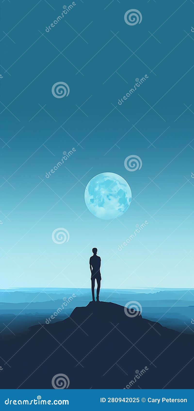 Minimal Man Standing on a Cliff Looking at the Moon Stock Illustration ...