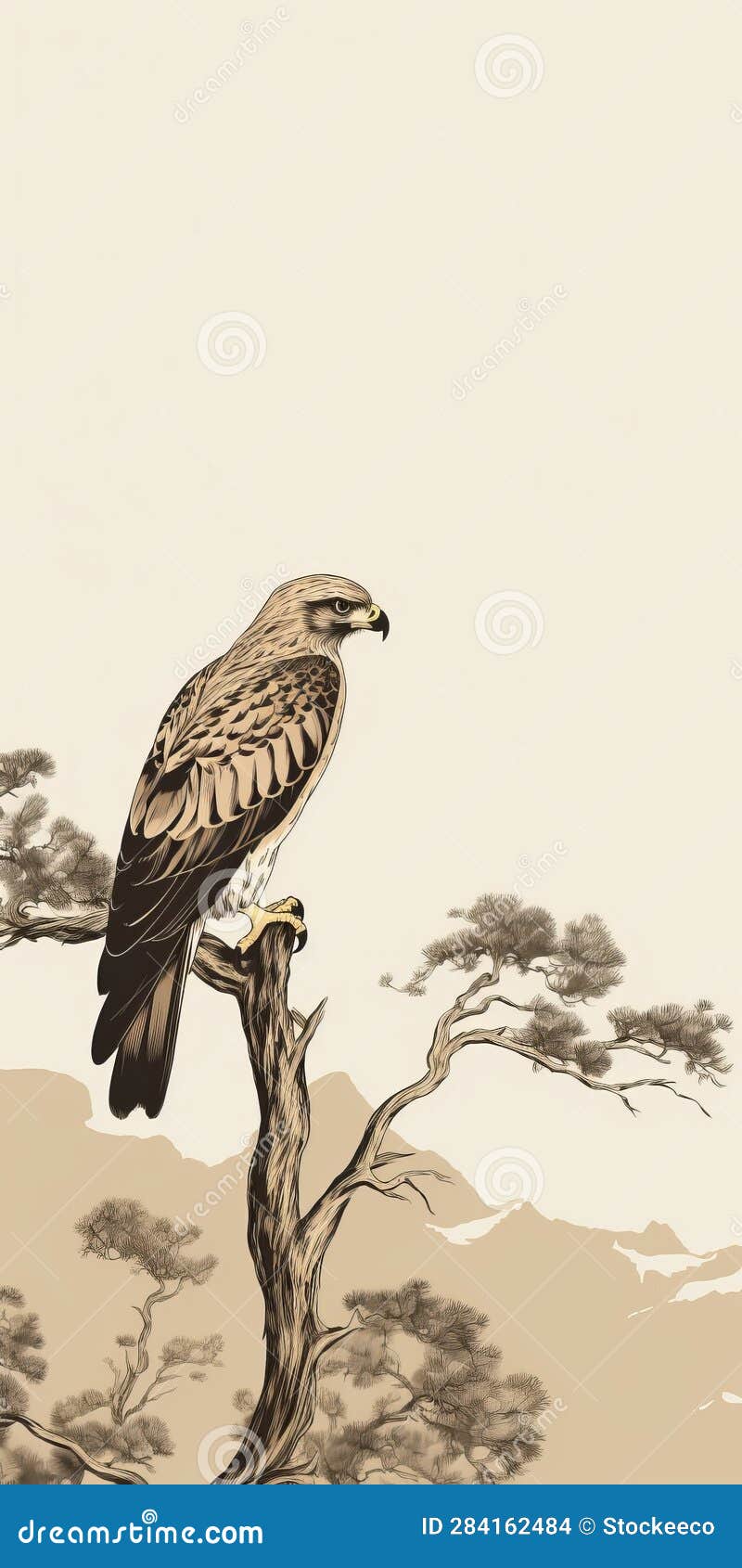 Minimal Mobile Wallpaper: Delicate Line Drawing of Perched Hawk Stock ...