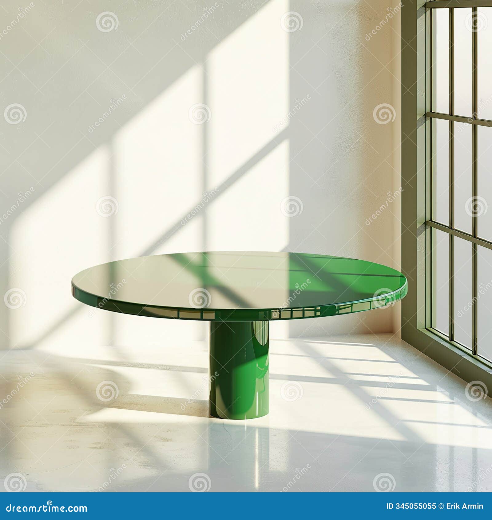 Minimal, Modern Emerald Green Round Table in Sunlight, Window Grilles ...