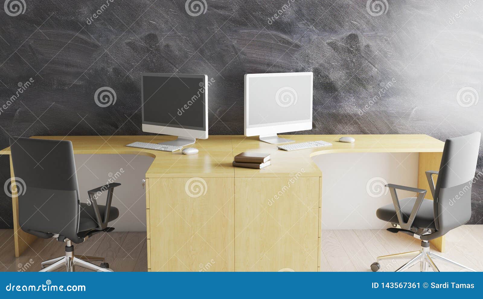 Minimal Office with Two Workspace and Dekstop 3D Illustration Stock ...