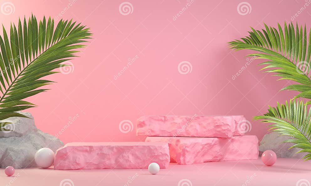 Minimal Pink Step Stone Podium Display with Palm Leaf 3D Render ...