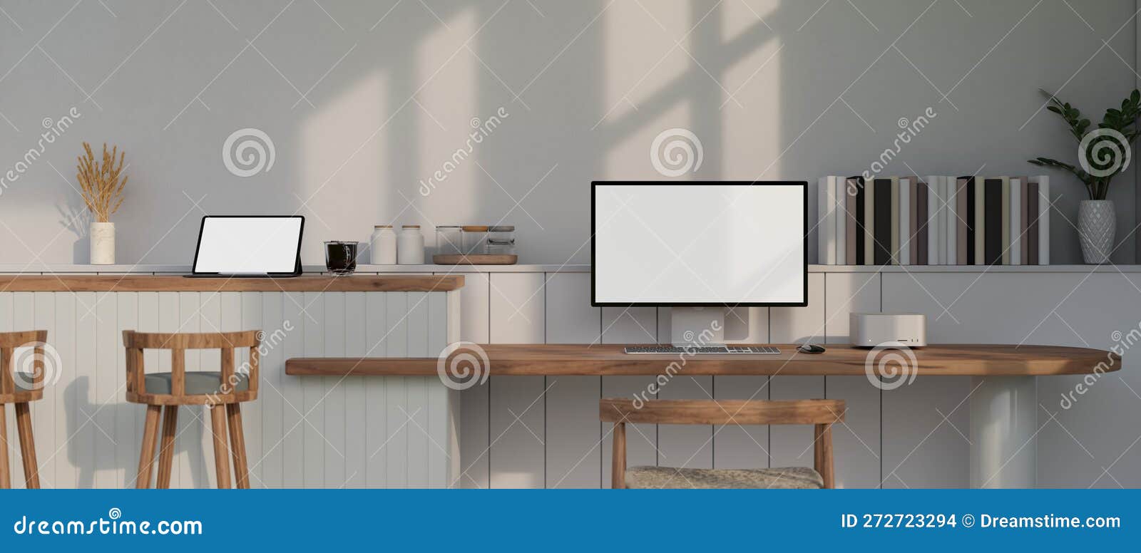 Minimal Scandinavian Co-working Space Interior with Desktop Computer ...