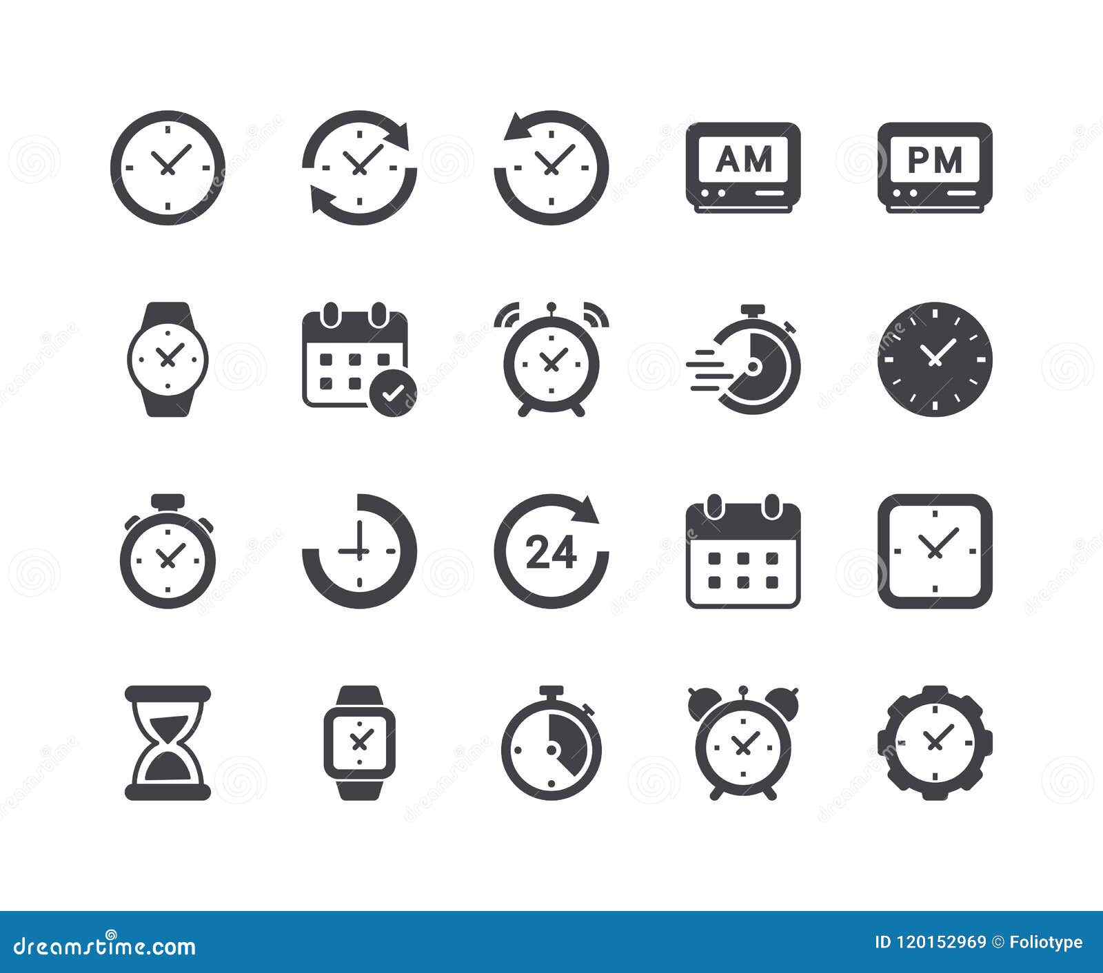 Minimal Set of Time and Clock Glyph Icons Stock Vector - Illustration ...