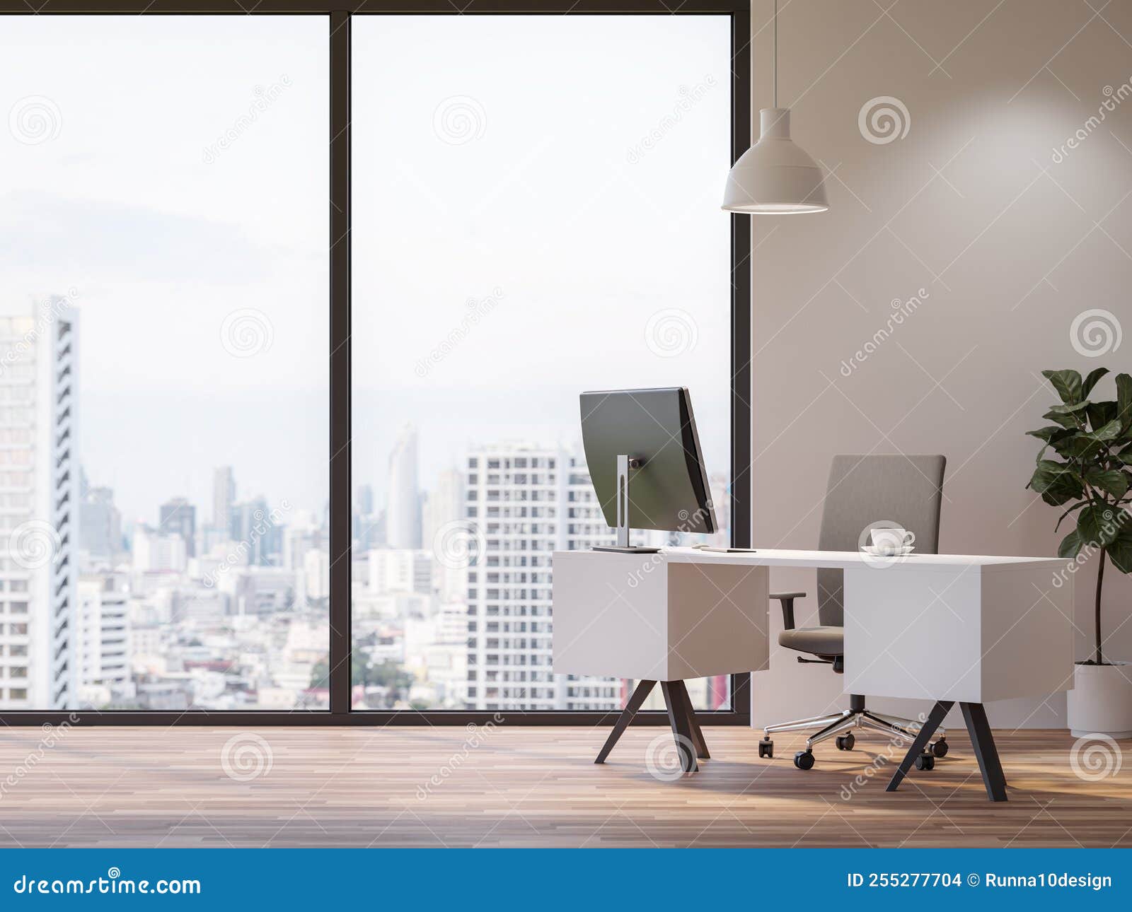 Minimal Style White Working Table Located by the Window 3d Render Stock ...