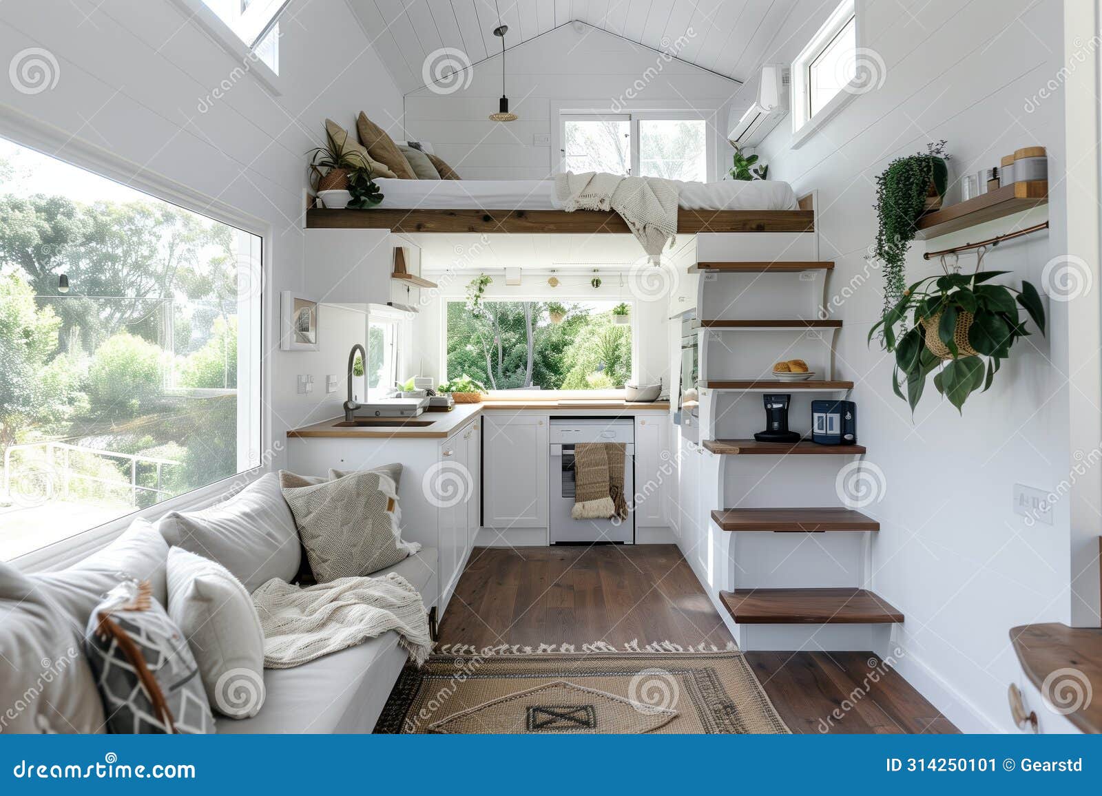 Minimal Tiny House Interior with Loft Bedroom Stock Image - Image of cozy, functional: 314250101
