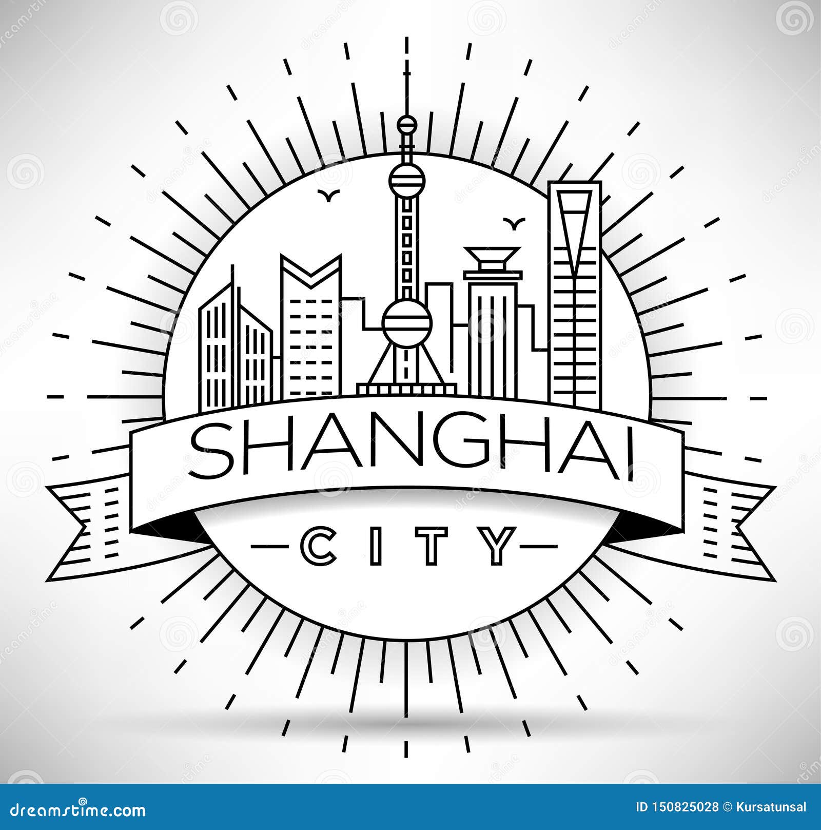Minimal Vector Shanghai City Linear Skyline with Typographic Design ...