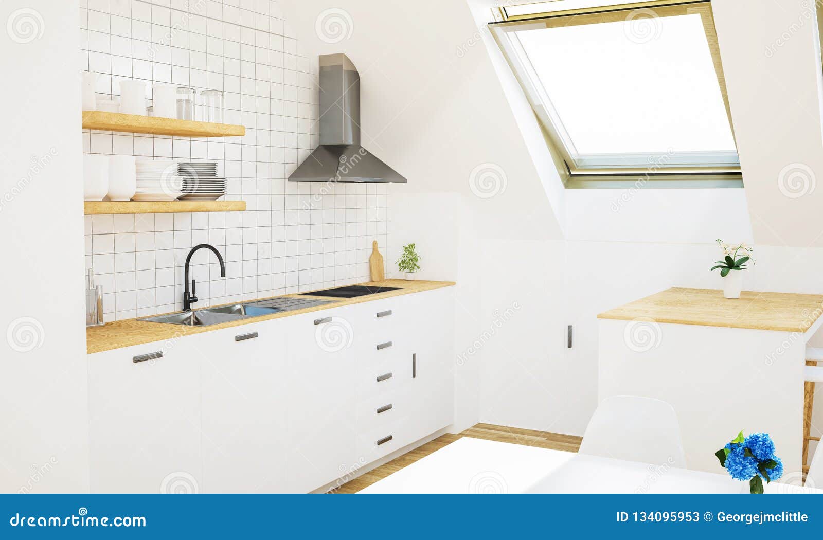 Minimal White Kitchen on Attic Stock Image - Image of modern ...