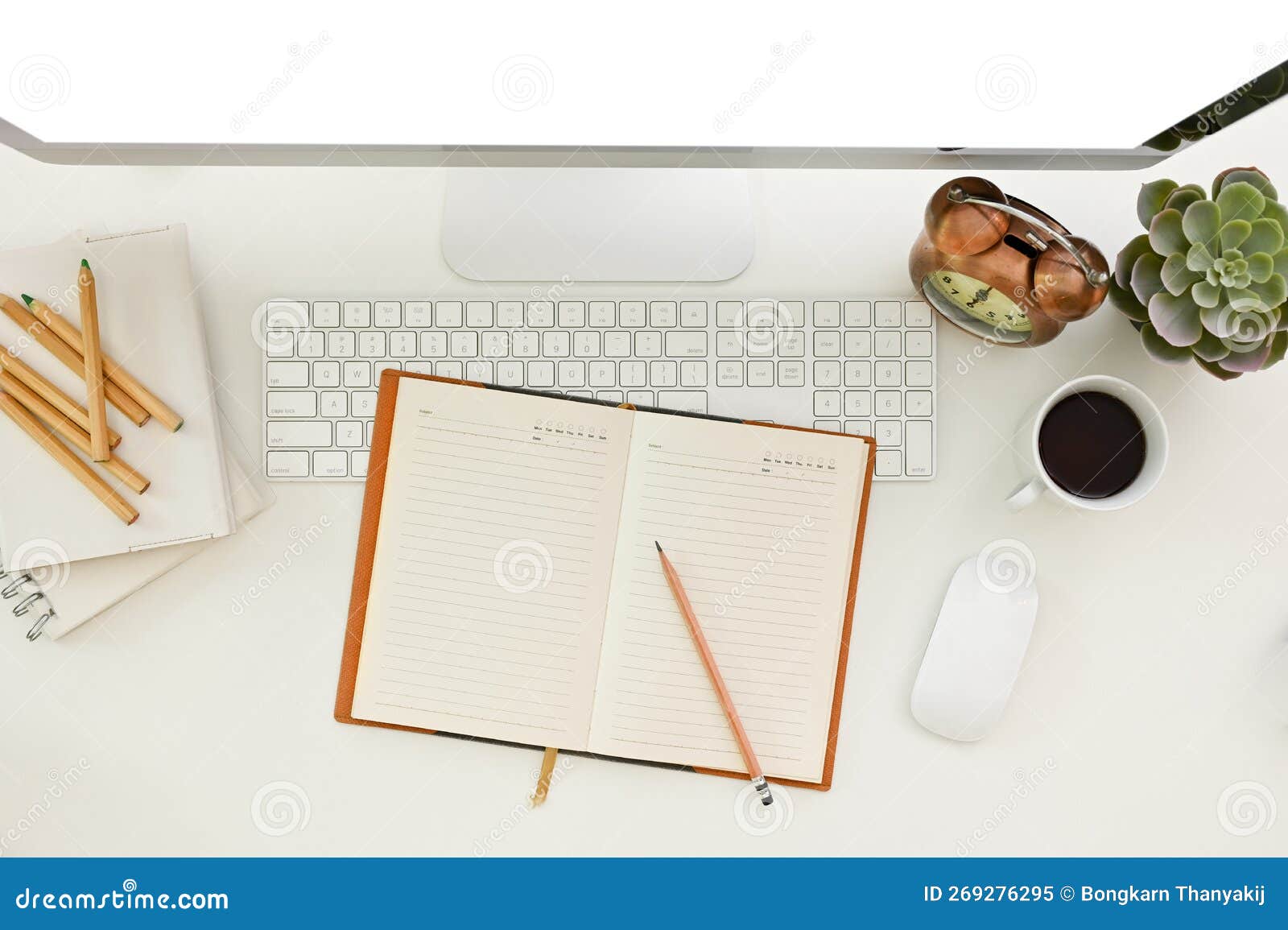 Minimal White Office Desk Workspace Top View with Empty Pages Notebook ...