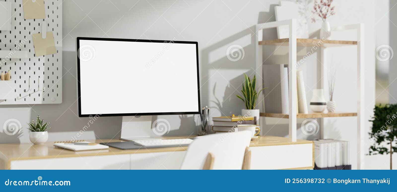Minimal Working Space with PC Desktop Computer Mockup on Wood Table ...