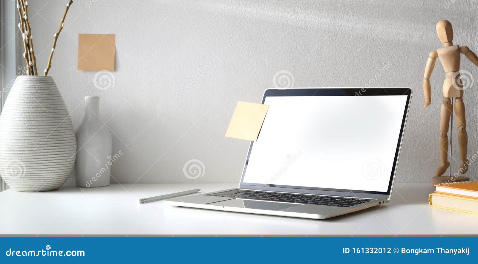 Minimal Workspace with Open Blank Screen Laptop Computer and Coffee Cup ...