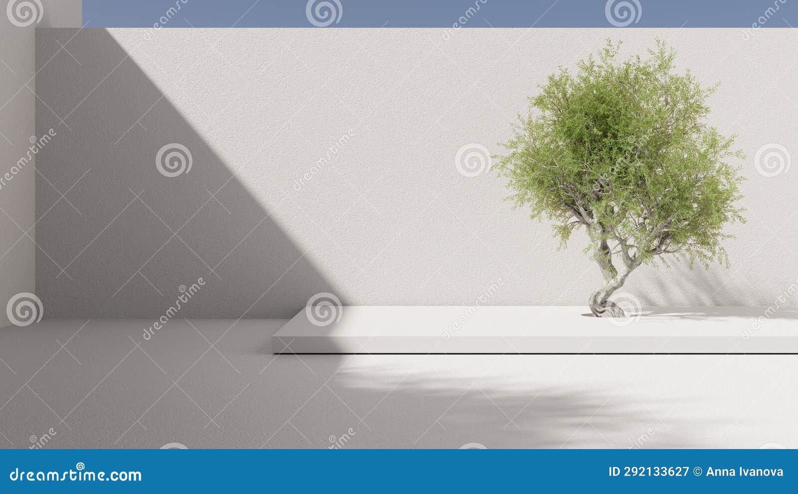 Minimalism Architecture Tree in the Courtyard Surrounded by Walls, Blue ...