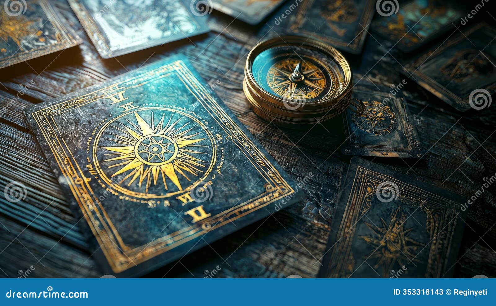 Minimalist 3D Scene Featuring Tarot Cards and a Compass Stock ...