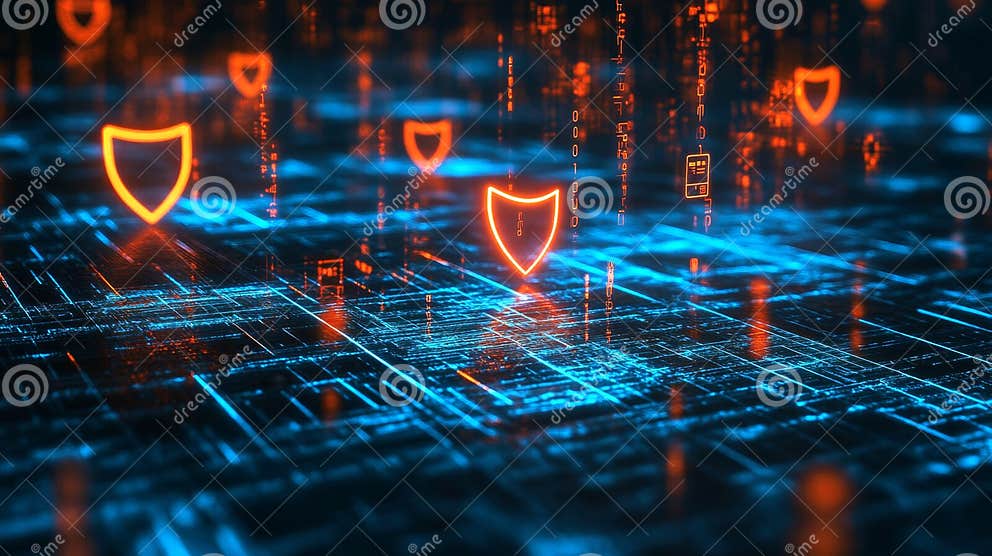 Minimalist Abstract Design with Glowing Shields and Digital Waves in a ...