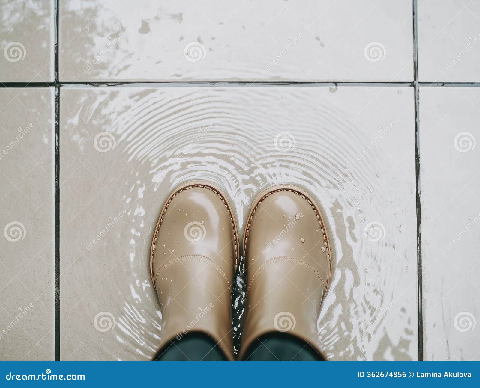 Minimalist Aesthetic of Beige Rain Boots in Puddle Top Down View Stock ...