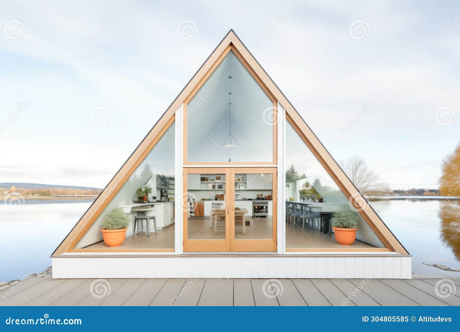 Minimalist Aframe with a Clear Glass Front Overlooking a Lake Stock ...