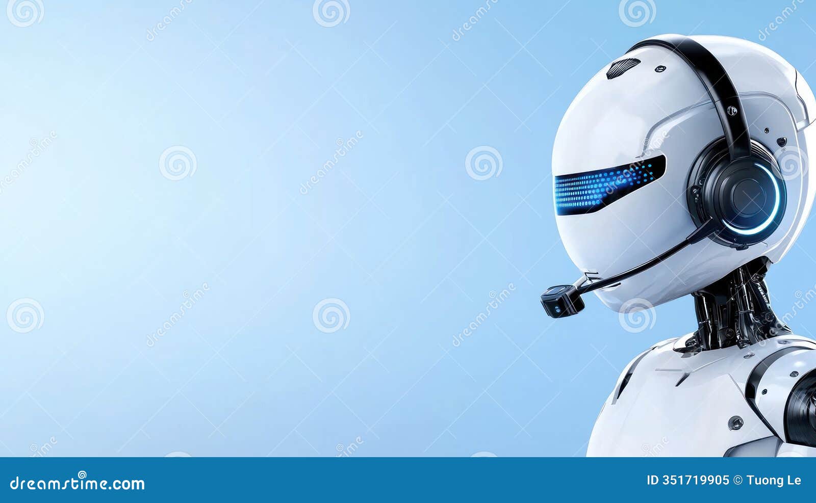 Minimalist AI Call Center Robot Providing Tech Support on Light Blue ...