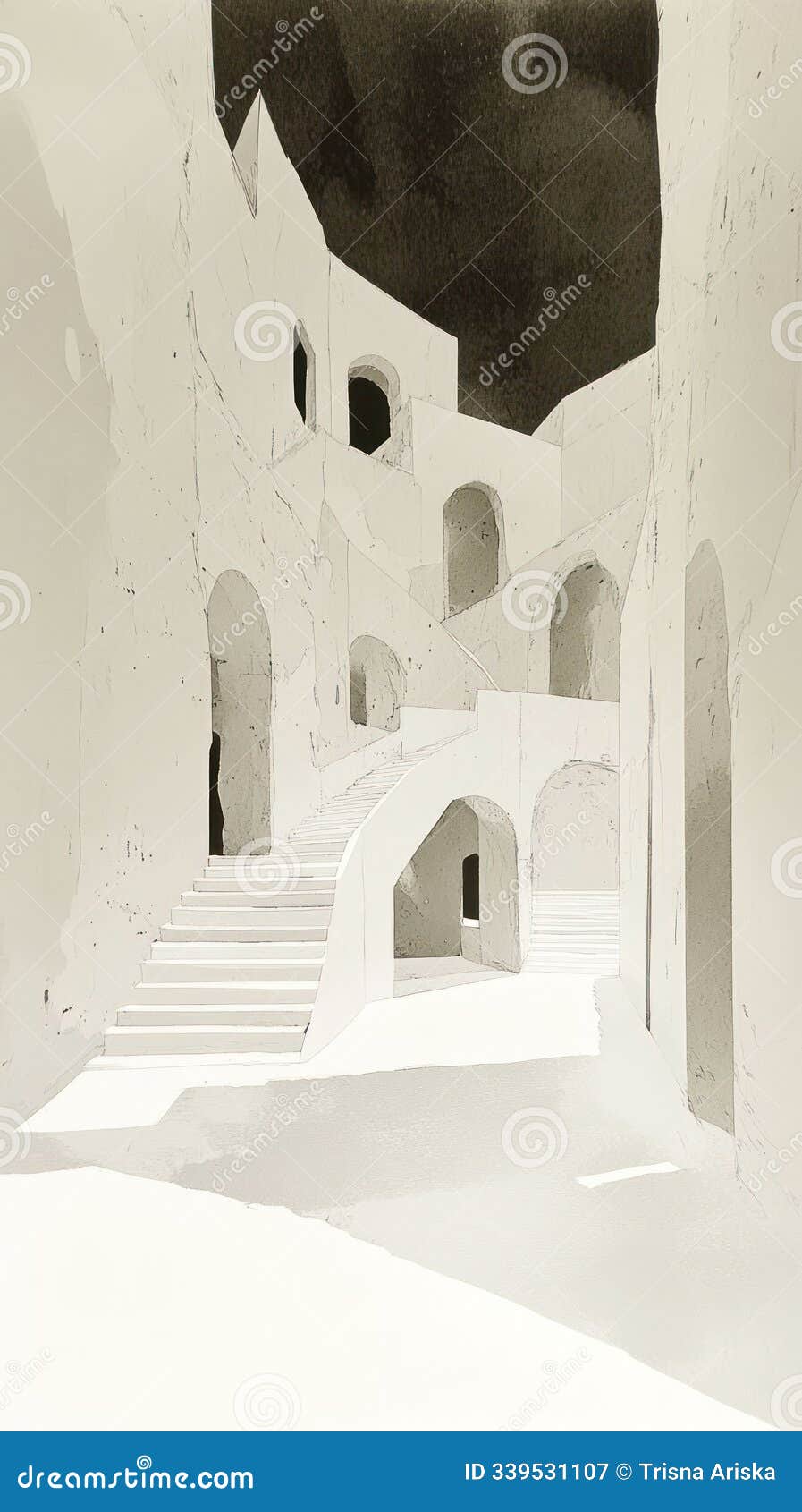 A Minimalist Architectural Scene Featuring Arched Structures and Stairs ...