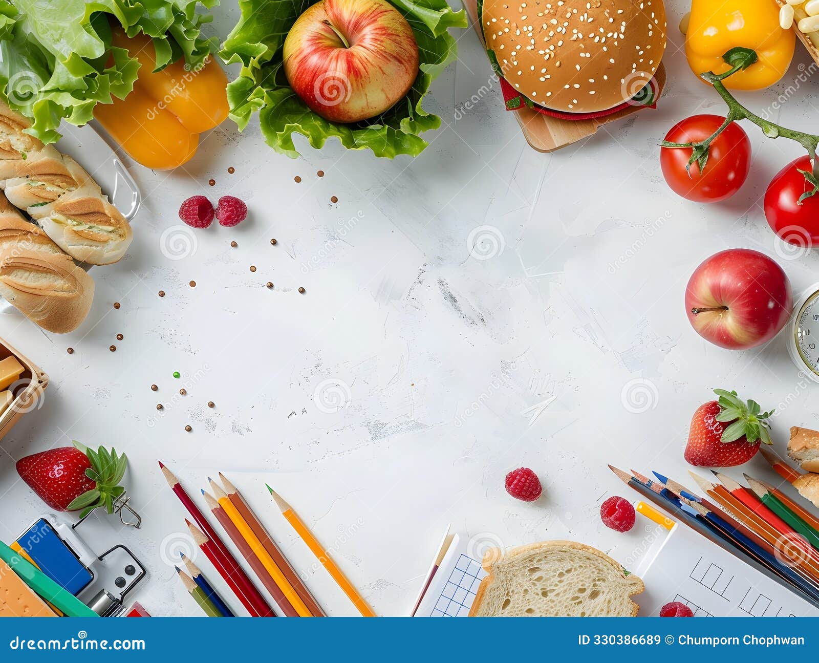 Minimalist Arrangement of School Supplies and Nutritious Lunch on White ...