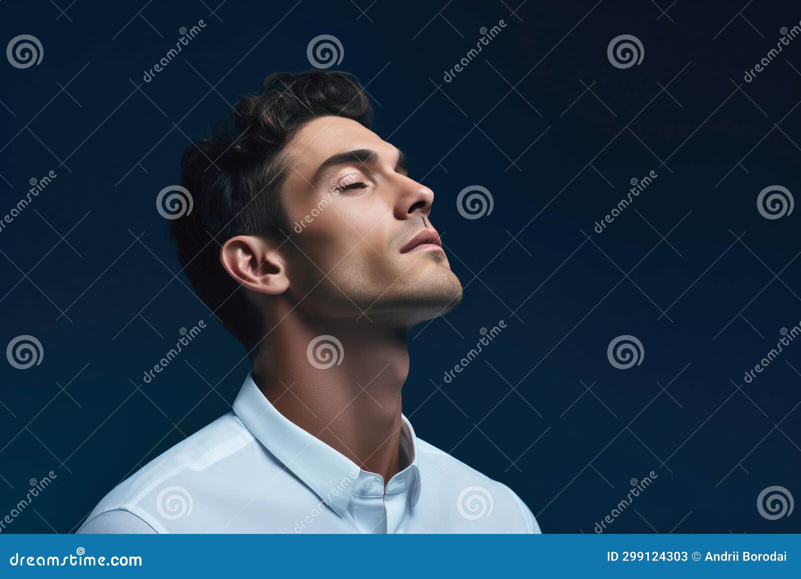 Minimalist Backdrop with Thoughtful Man in Introspective Gesture. Stock ...