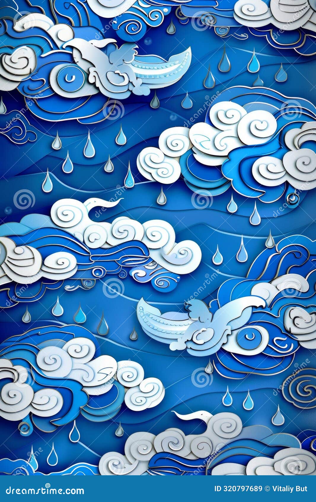 A Minimalist Background with Blue Papercut Clouds and Raindrops Stock ...