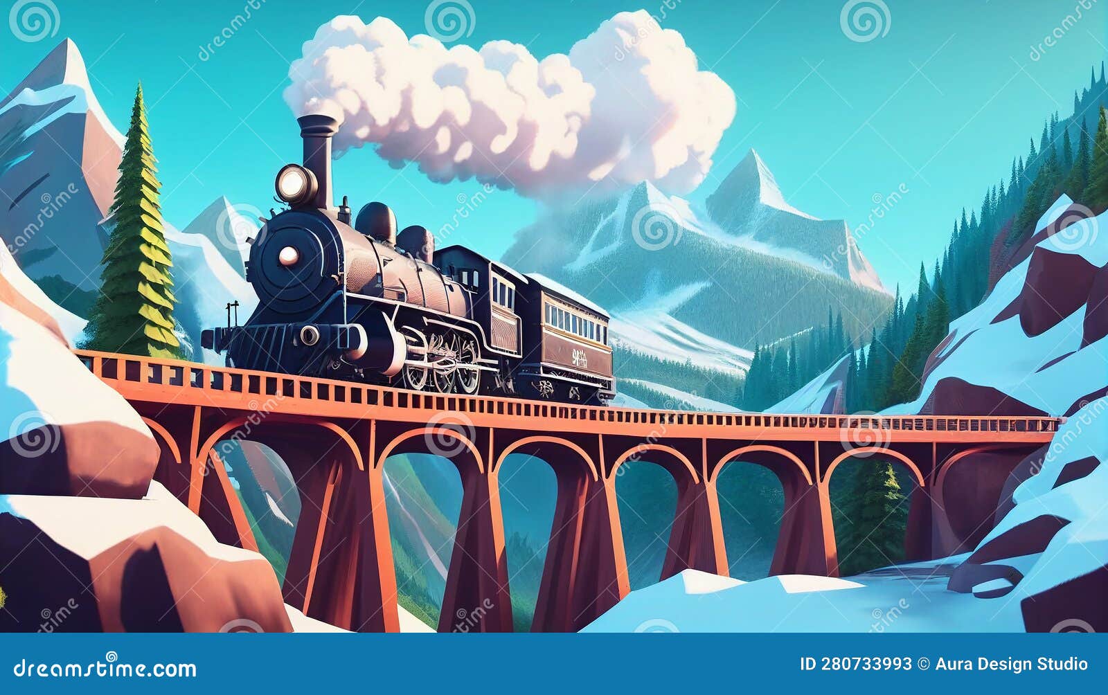 Minimalist Background with Steam Train on the Bridge. Stock ...