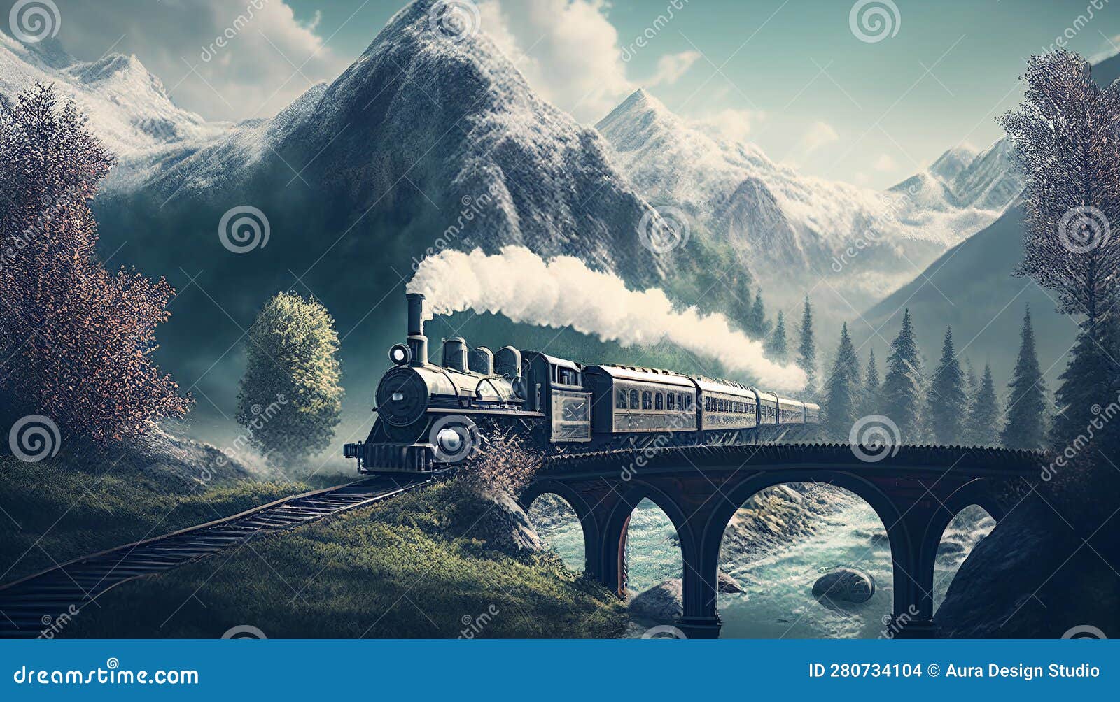 Minimalist Background With Steam Train On The Bridge. Stock Photography ...