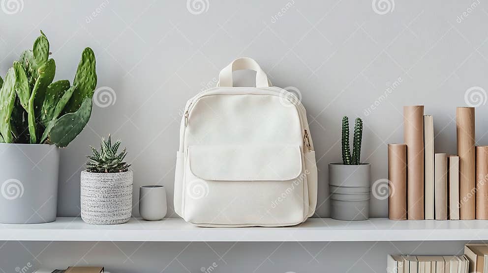 Minimalist Backpack on Shelf with Plants and Books Stock Photo - Image ...
