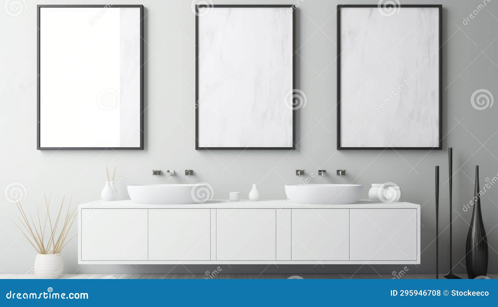 Minimalist Bathroom Render With Three Rectangular Frames And Two Sinks ...