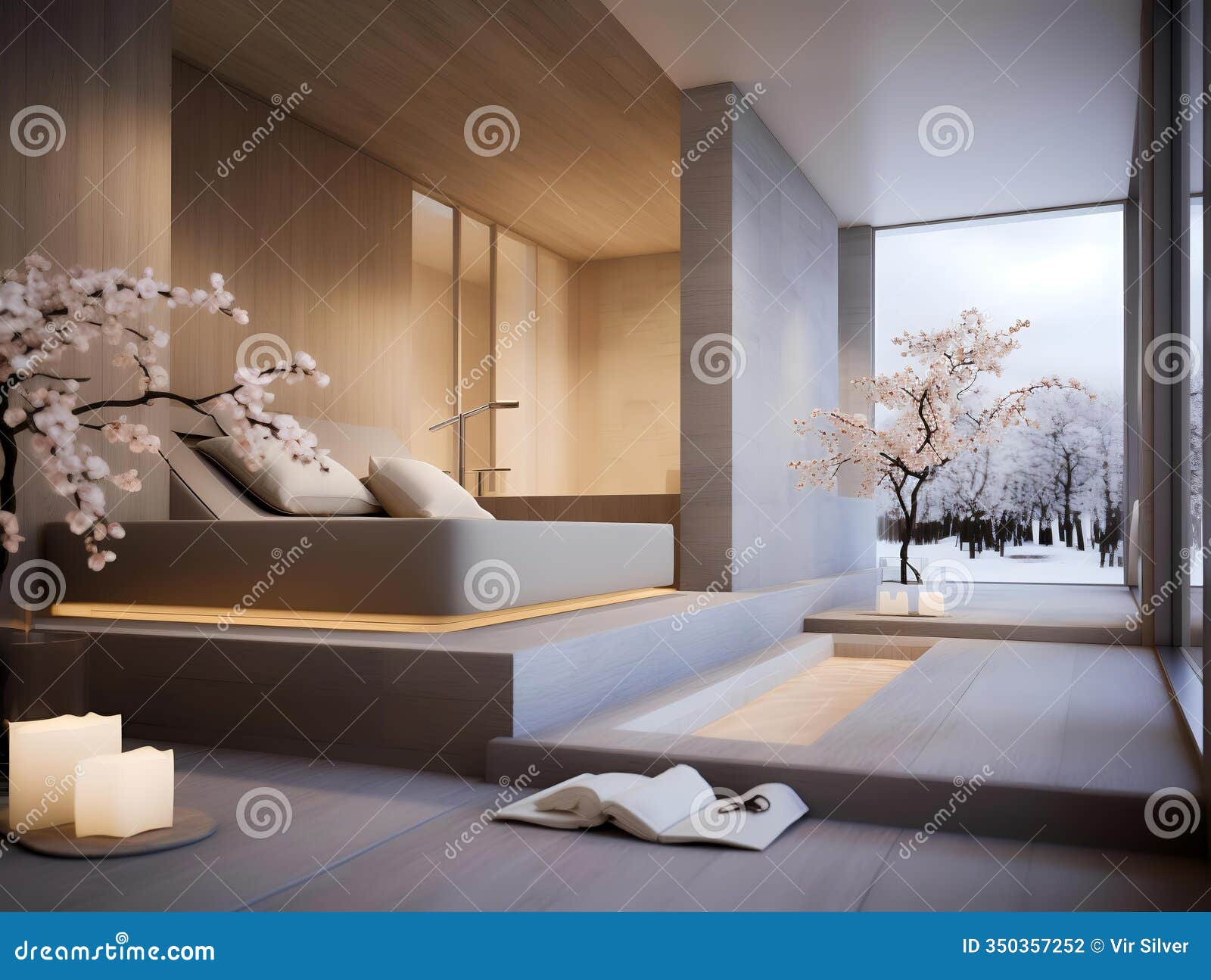 Minimalist Bedroom with Platform Bed, Sunken Bath, and Winter View ...