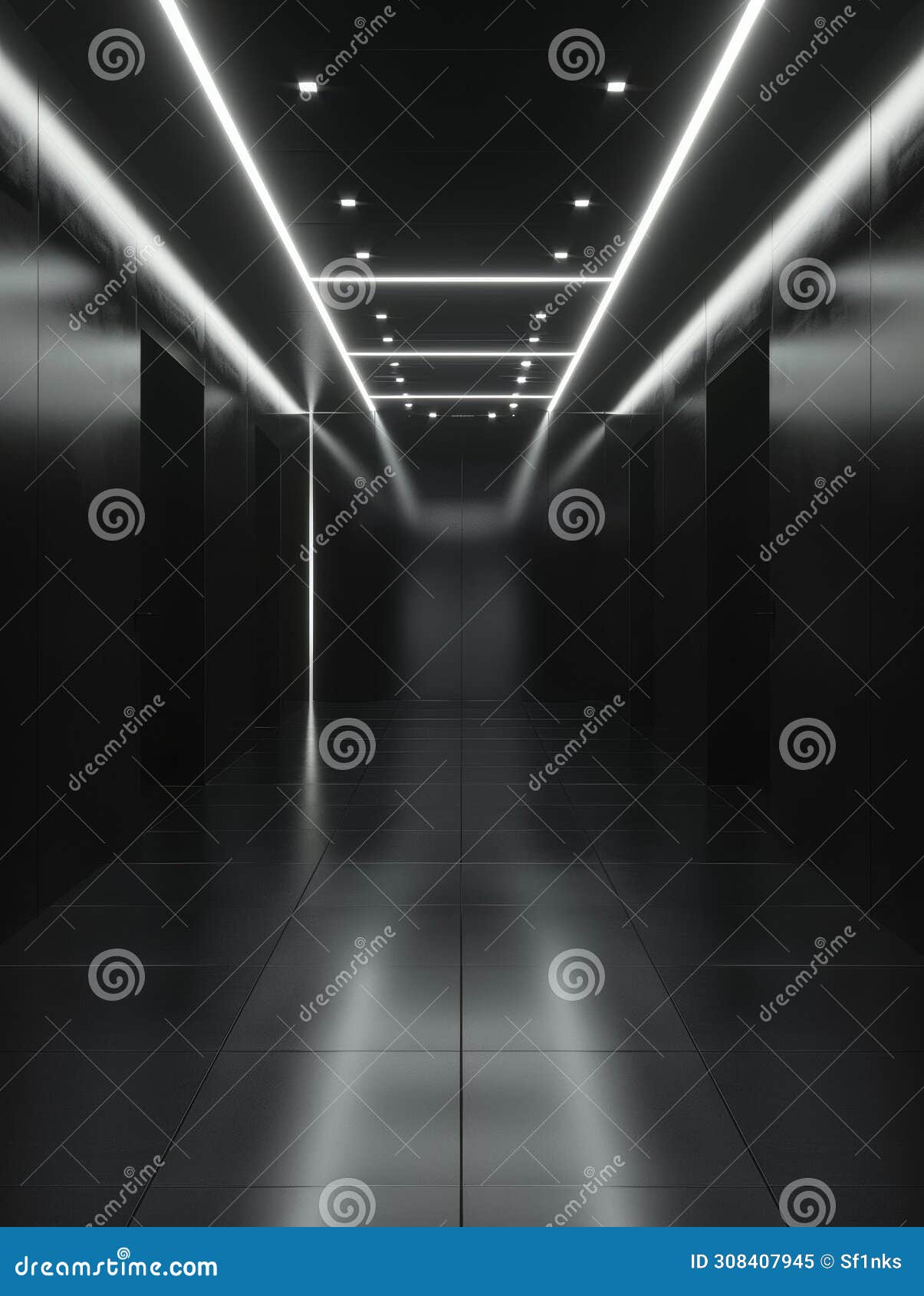 A Minimalist Black Hallway Illuminated by Bright Overhead Lights ...