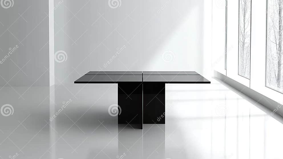 Minimalist Black Rectangular Table in a Lit Room with Large Windows and ...