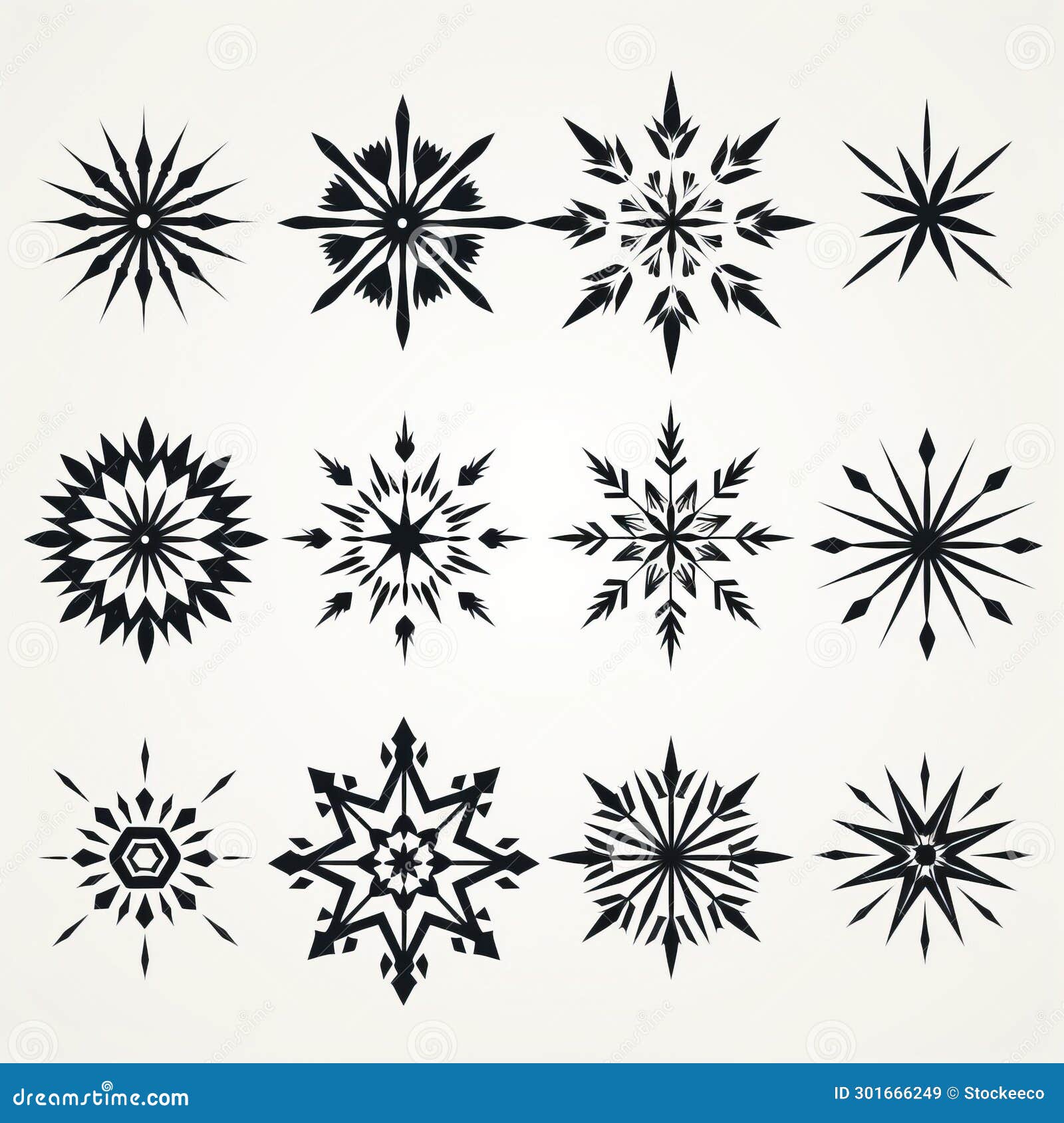 Minimalist Black Snowflake Illustrations with Geometric Designs Stock ...