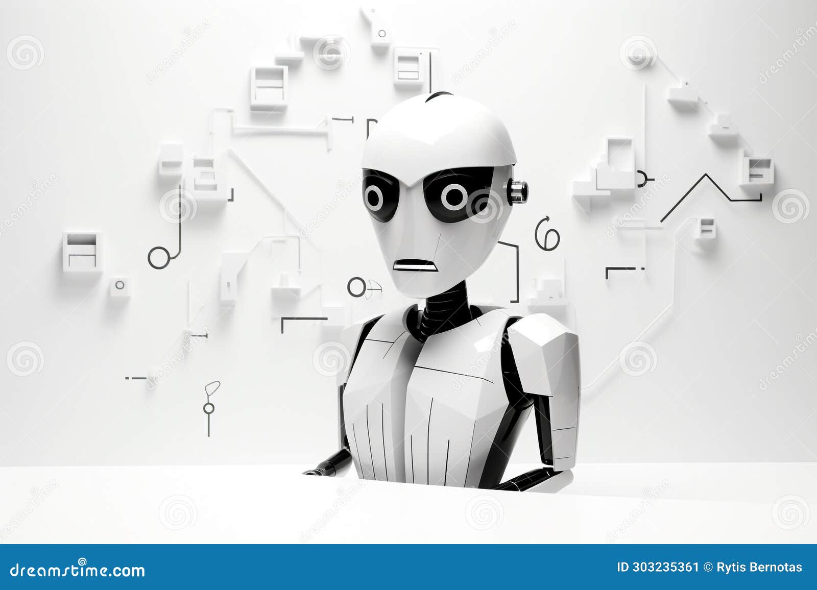 Minimalist Black and White Humanoid Robot Portrait Illustration Stock ...