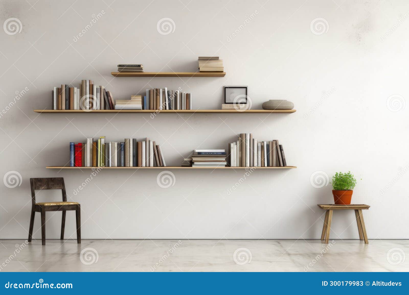Minimalist Bookshelf with Few Books on a Plain Wall Stock Image - Image ...