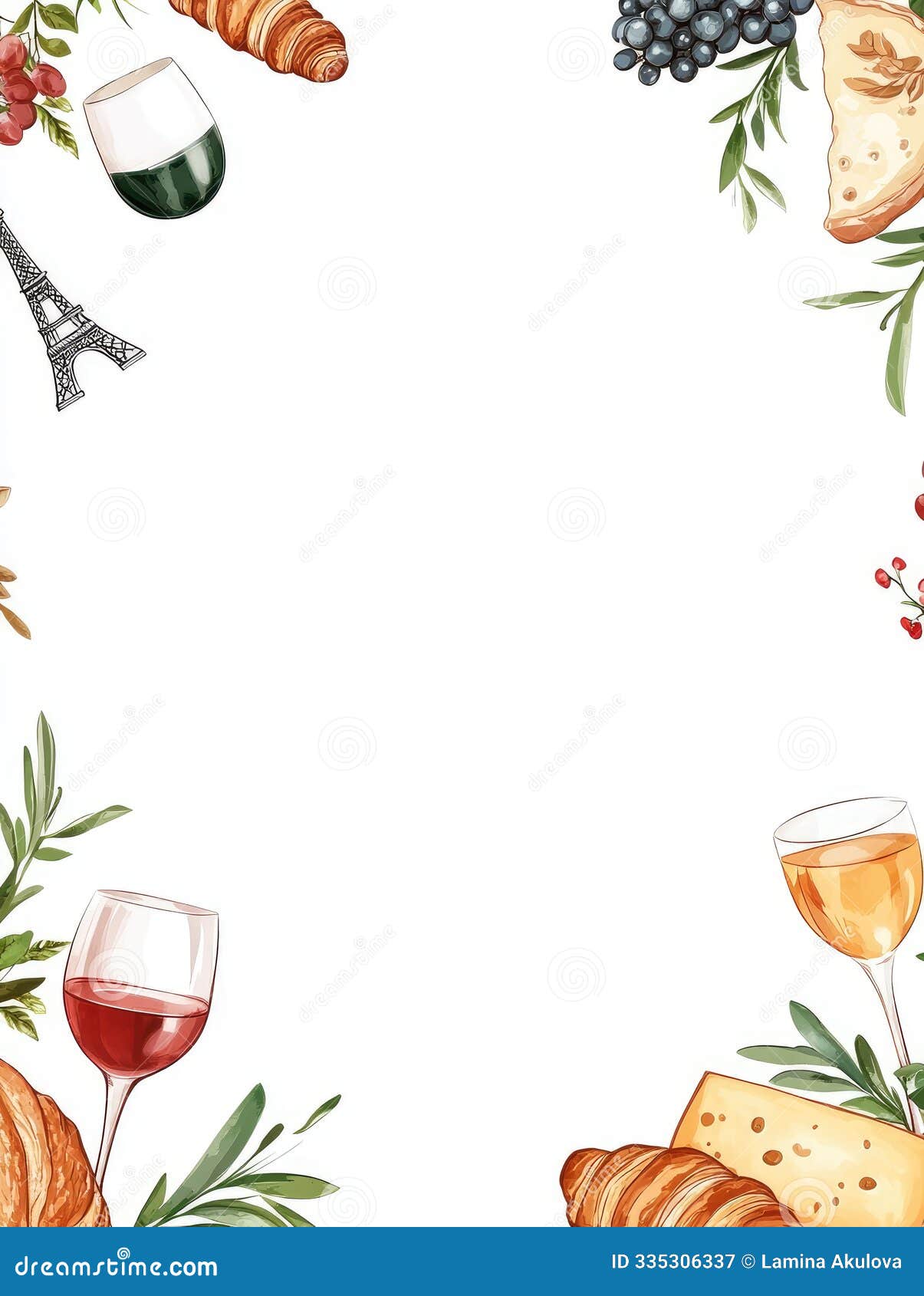 Minimalist Border with Wine, Cheese, and Croissant Elements for Elegant ...