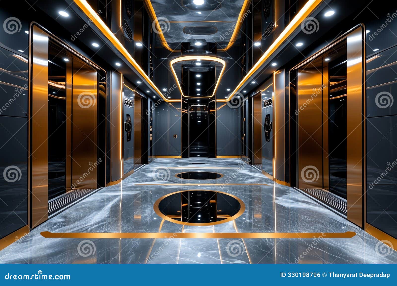 Minimalist Brushed Steel Elevator Interior with Mirror Reflection Stock ...
