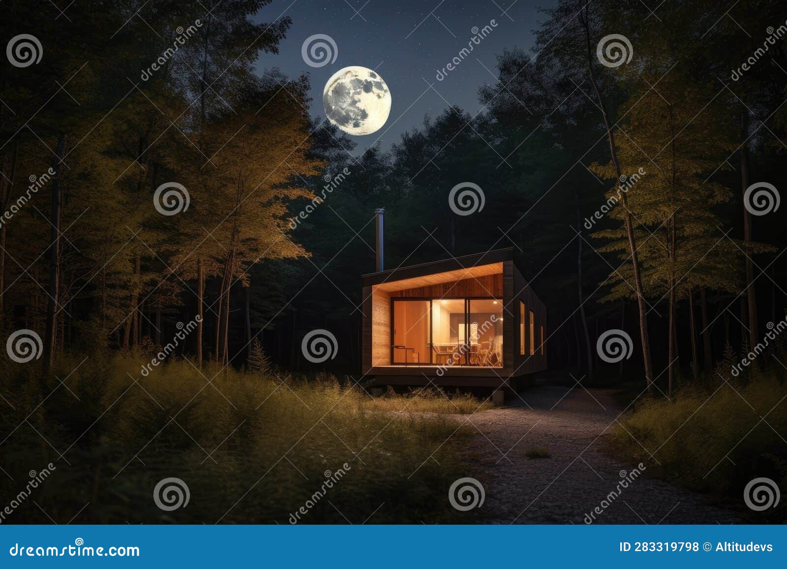 Minimalist Cabin in the Woods, with a View of the Full Moon Stock Photo ...