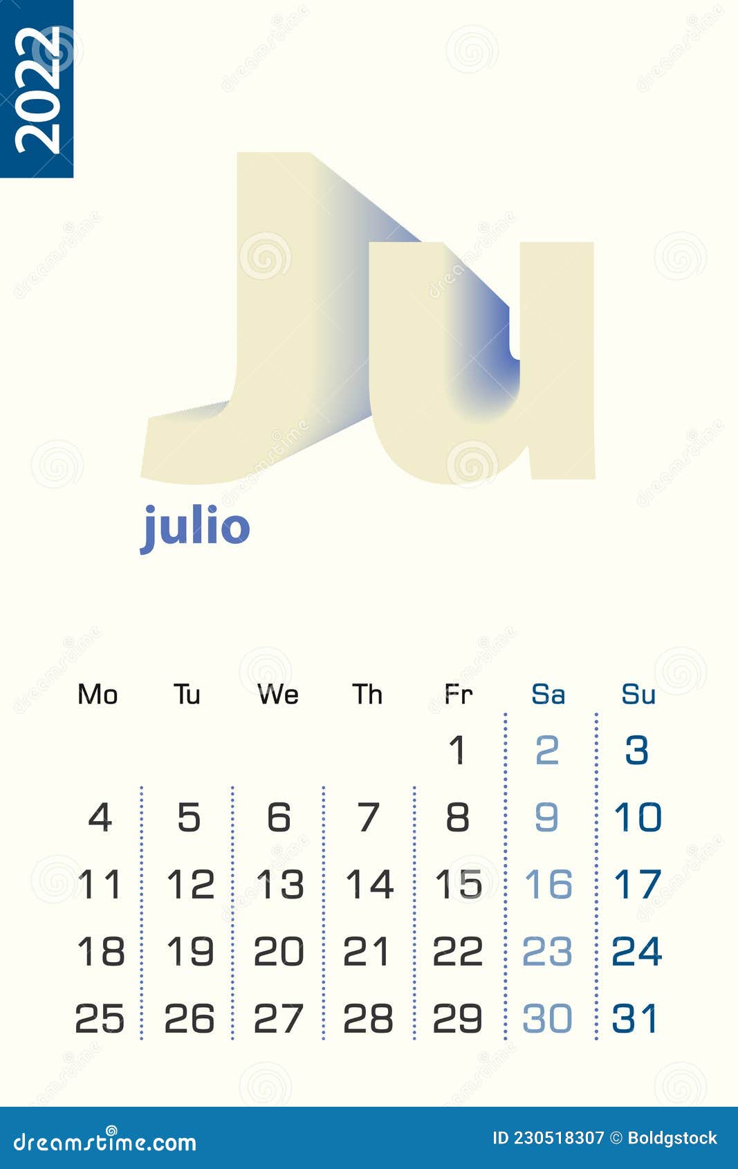 Minimalist Calendar Template for July 2022, Vector Calendar in Spanish ...