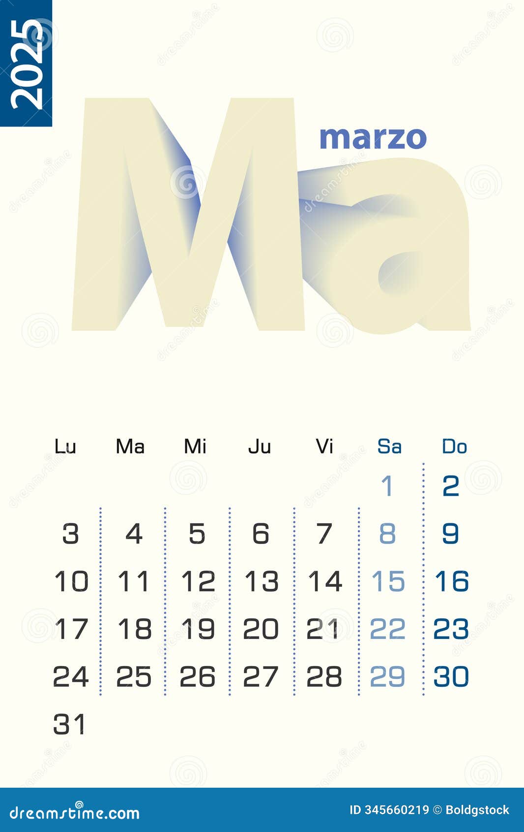 Marzo 2025 Calendar Page Isolated On A White Background (trad. March ...