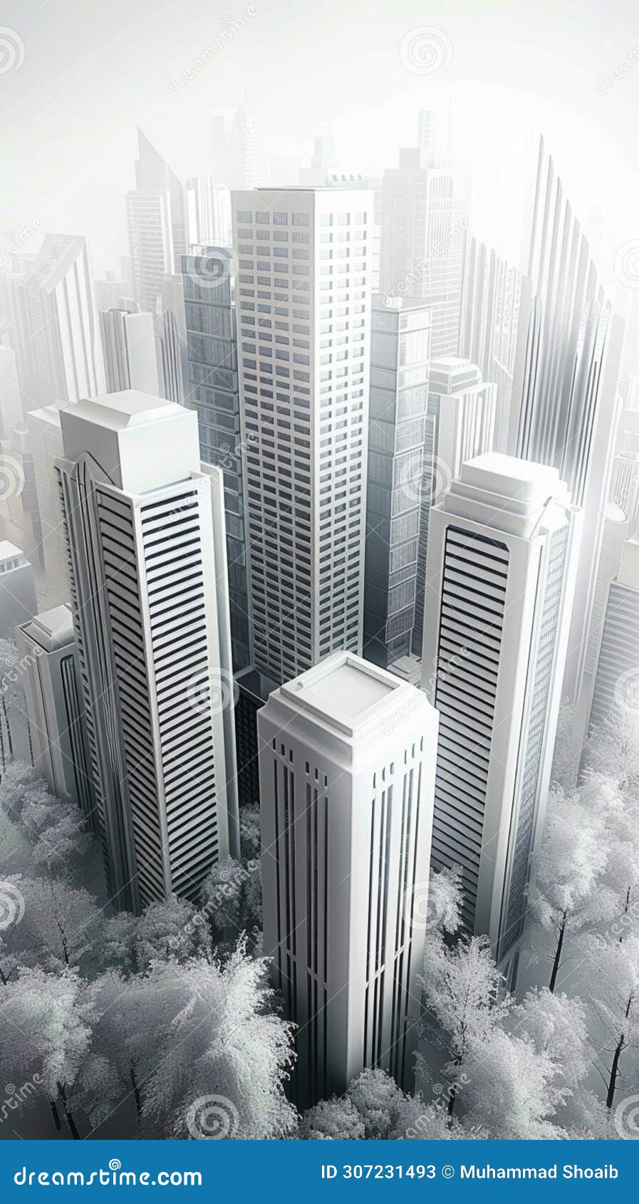 Minimalist Cityscape 3D Rendering Showcases Modern Architecture in Grayscale Stock Illustration ...
