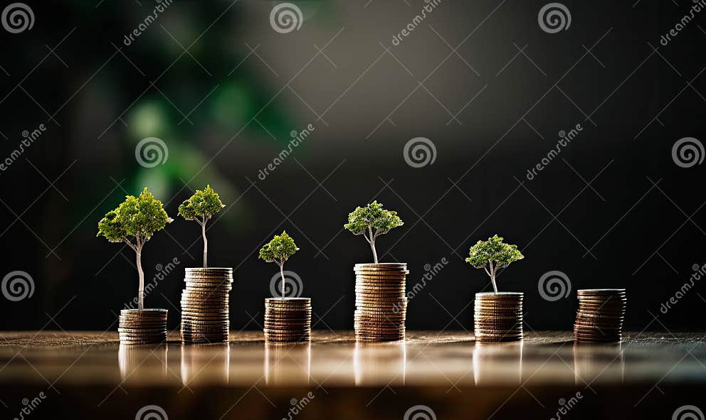 Minimalist Coin Stacks with Growing Graph and Trees on Background ...