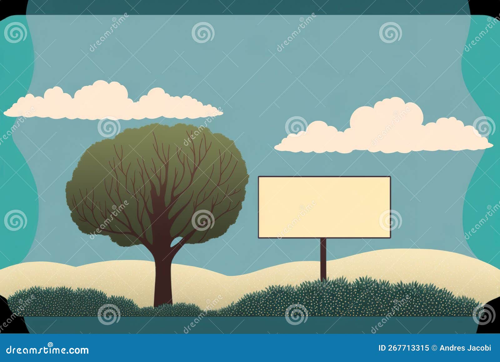 Minimalist Composition of Landscape with Tree and Signboard in Blank ...