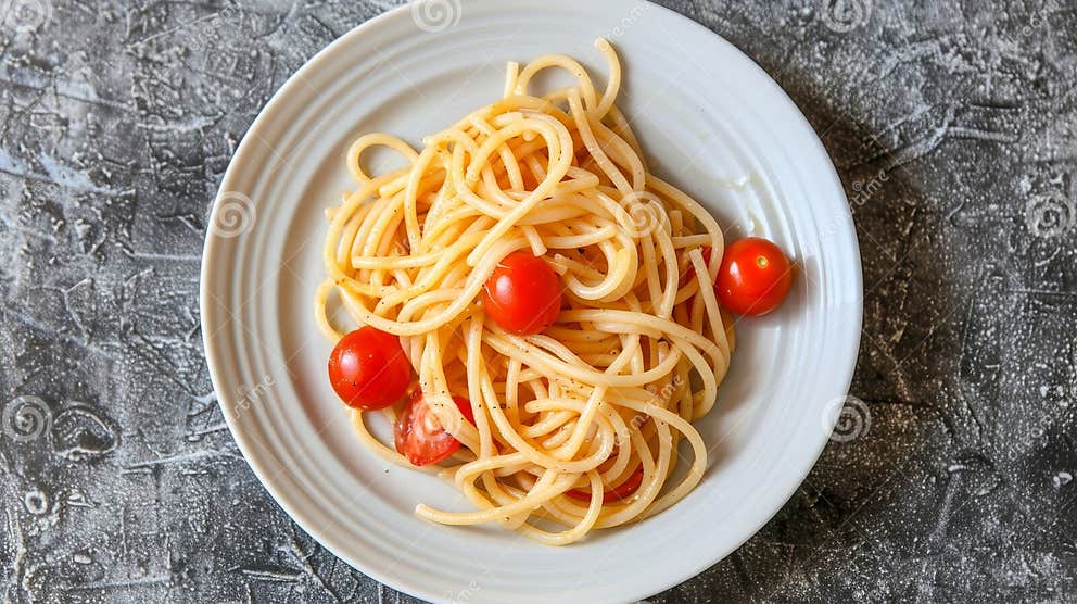 Minimalist Composition of Spaghetti with Red Tomatoes on White Plate ...