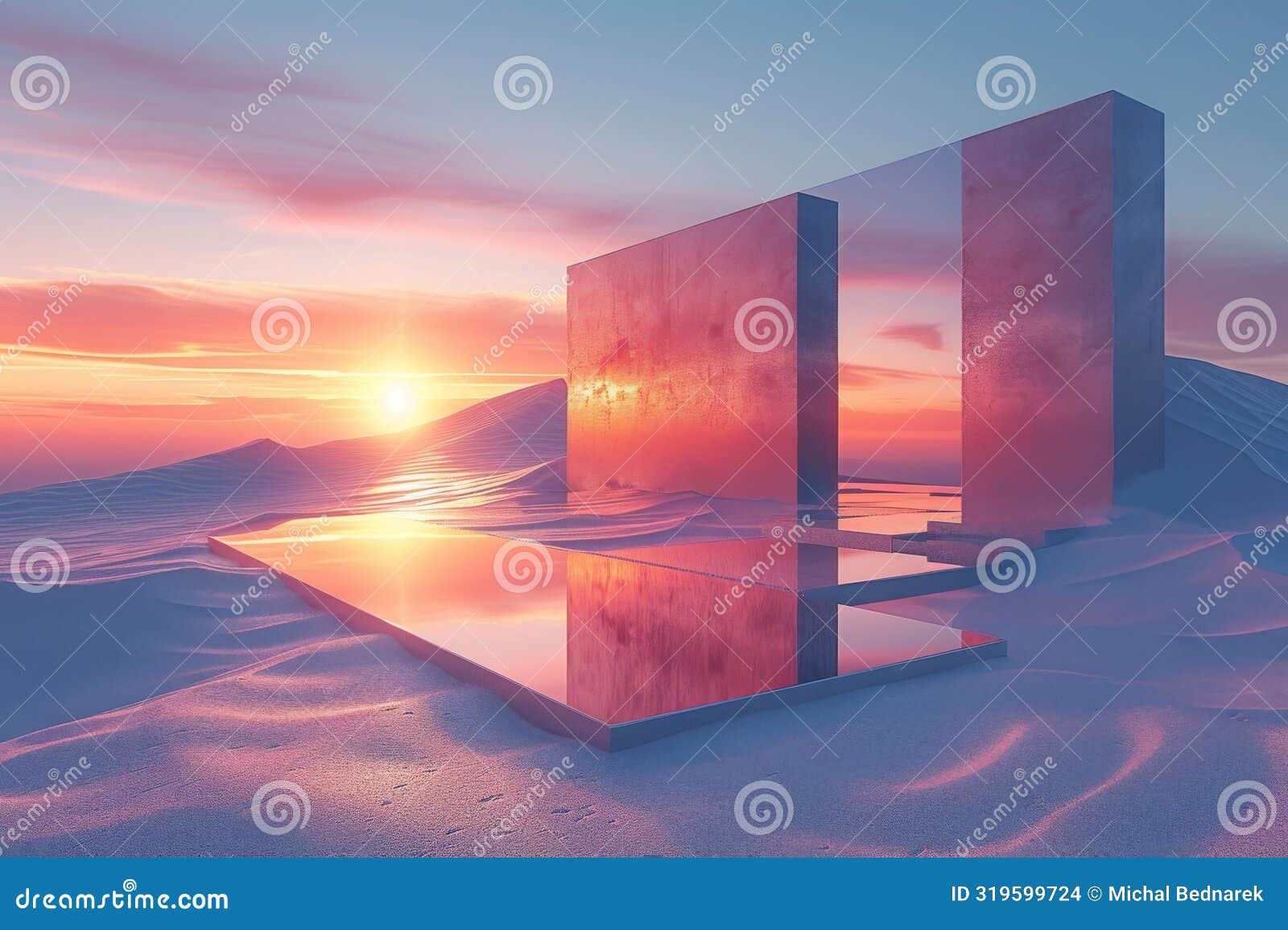 Minimalist Concrete Structures with Sunset Reflection in Desert Stock ...