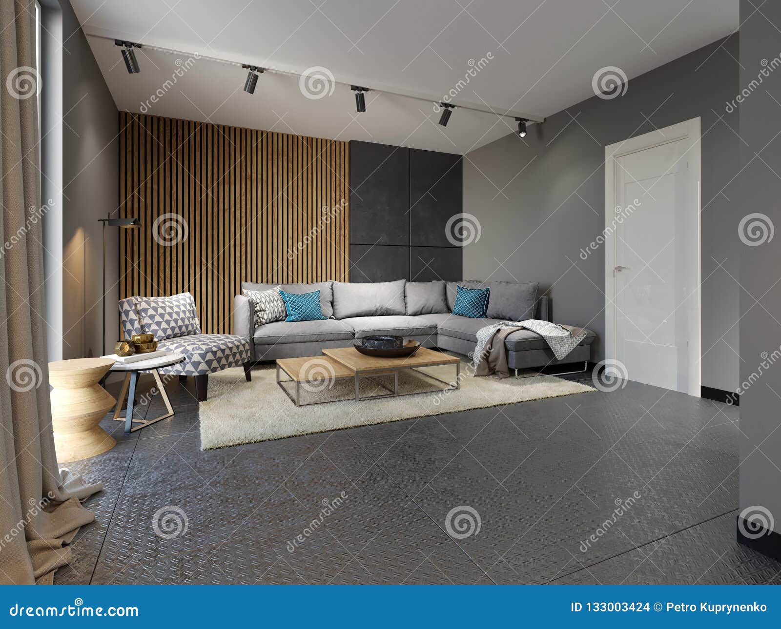 Minimalist Contemporary Living Room with Sofas in Loft Style Flat Stock ...