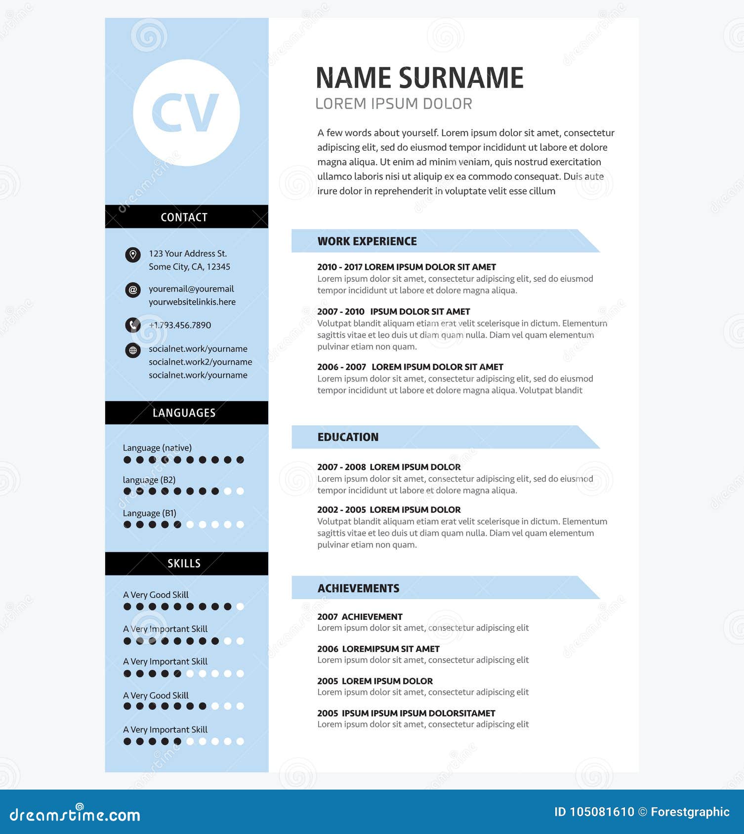 Minimalist CV Template Blue Color Stock Vector - Illustration of modern ...
