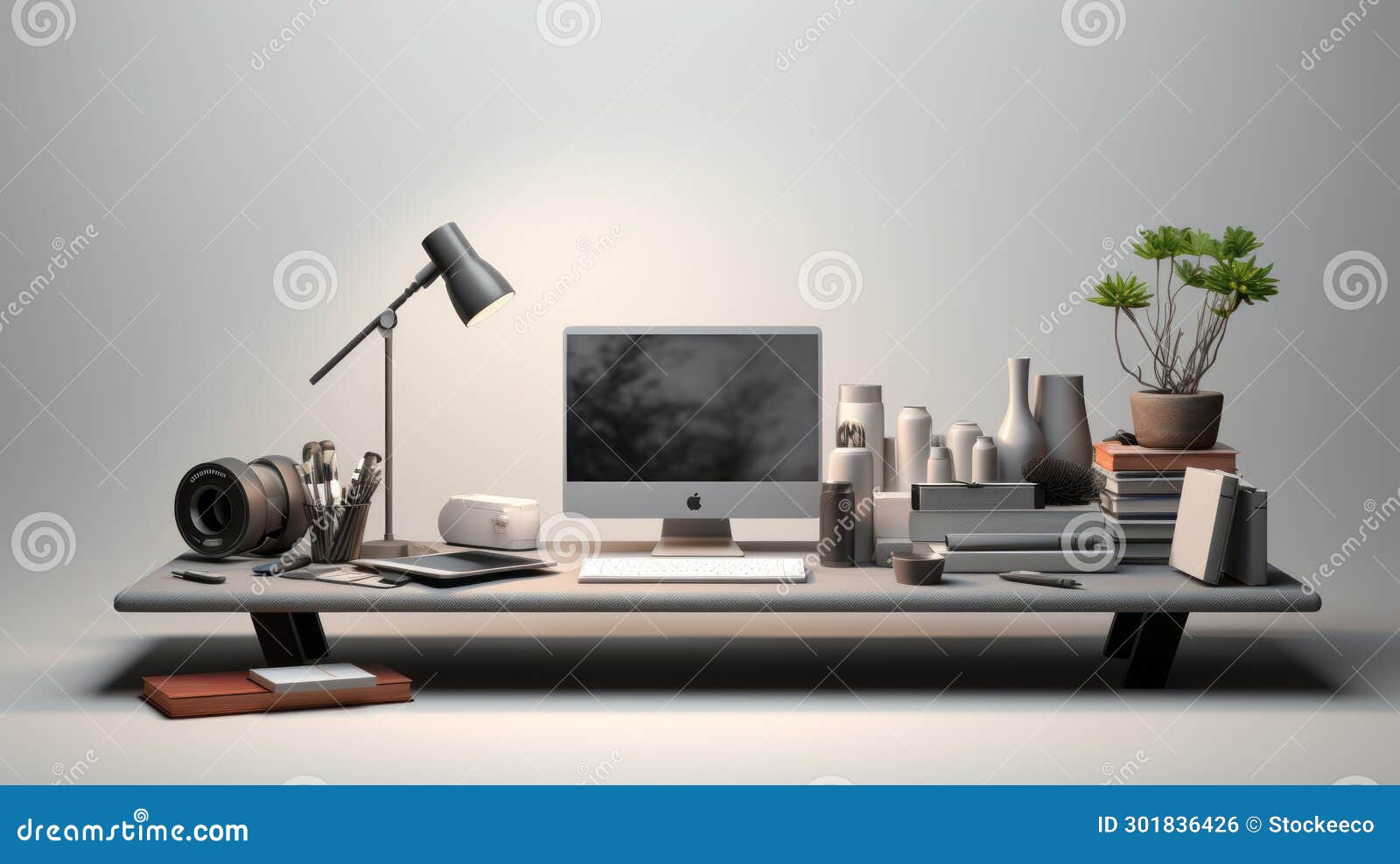Minimalist 3d Rendered Office Desk With Juxtaposition Of Objects Stock ...