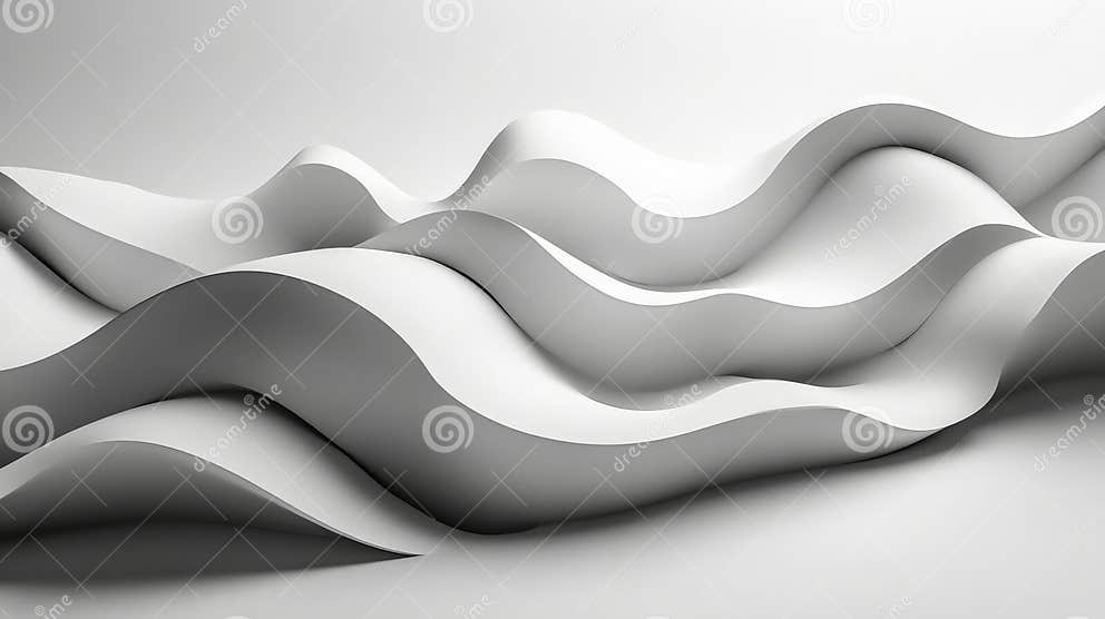 A Minimalist 3D Wave Design in Grayscale, with Soft, Undulating Curves Casting Shadows and ...